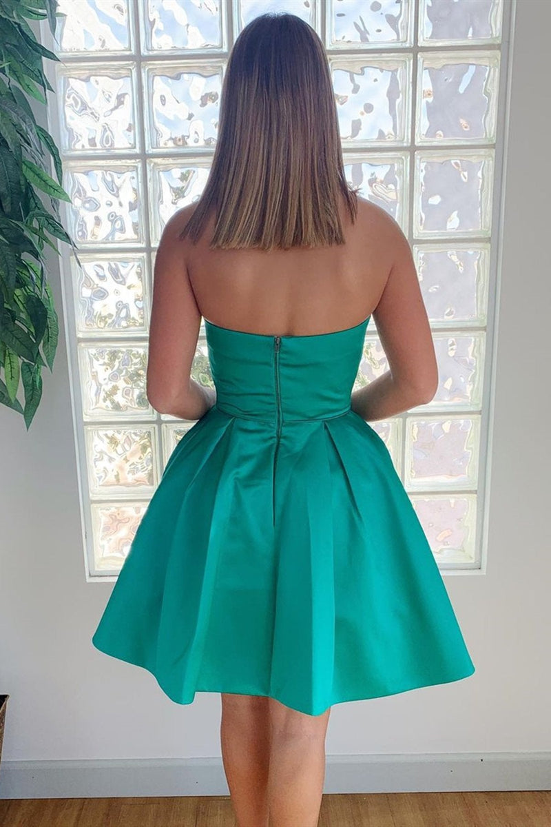Pretty Strapless Green Satin Short Prom Dresses, Beaded Green Homecomi ...