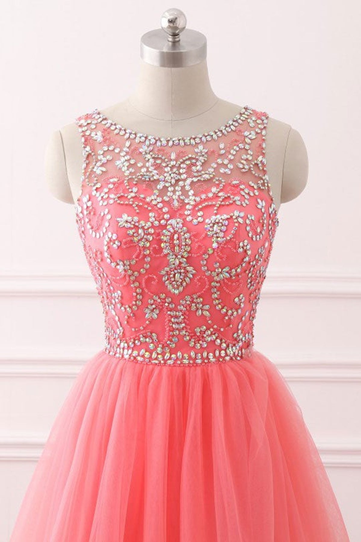 Round Neck Coral Tulle Beaded Long Prom Dresses, Beaded Coral Formal E ...