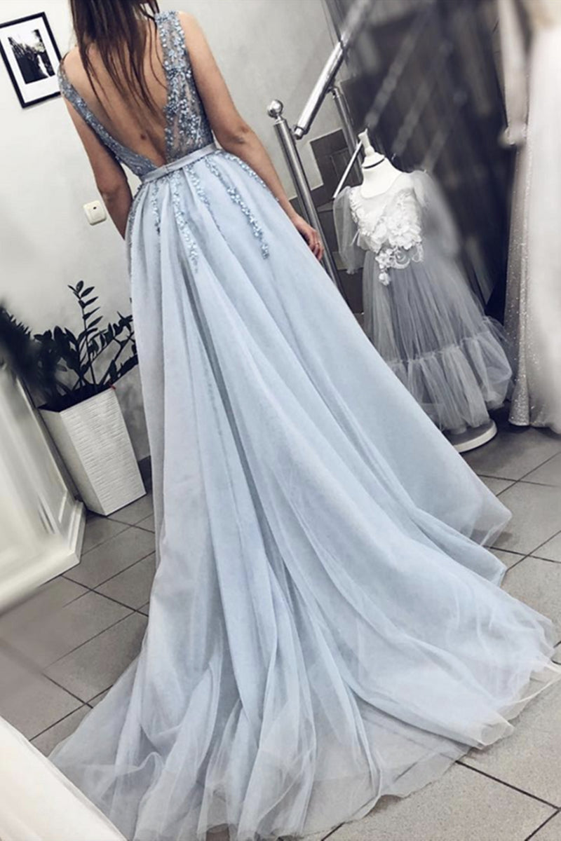 V Neck Open Back Light Blue Tulle Beaded Long Prom Dresses, V Neck Lig ...
